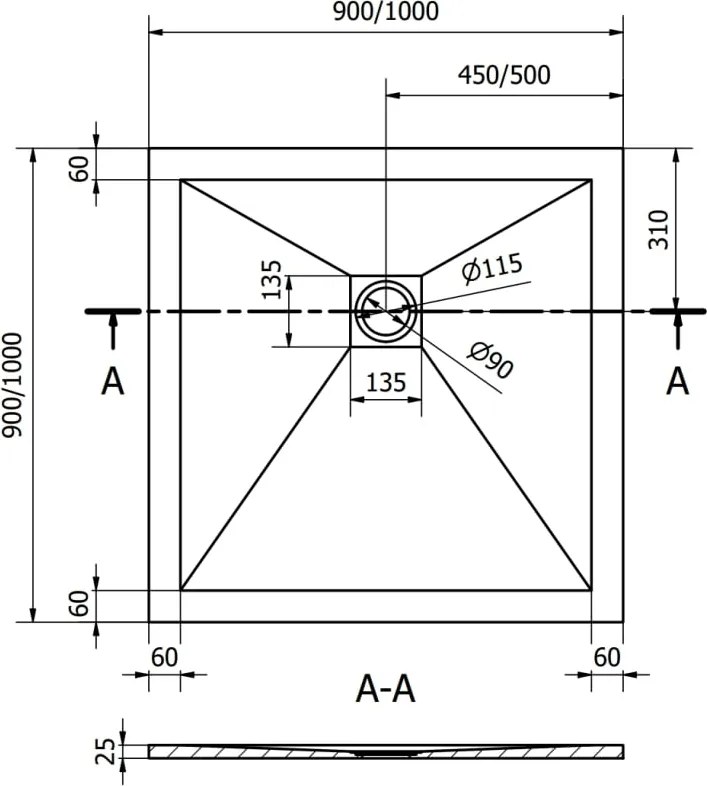 Mexen Stone+ kompozitová čtvercová sprchová vanička 100 x 100 cm, bílá - 44101010