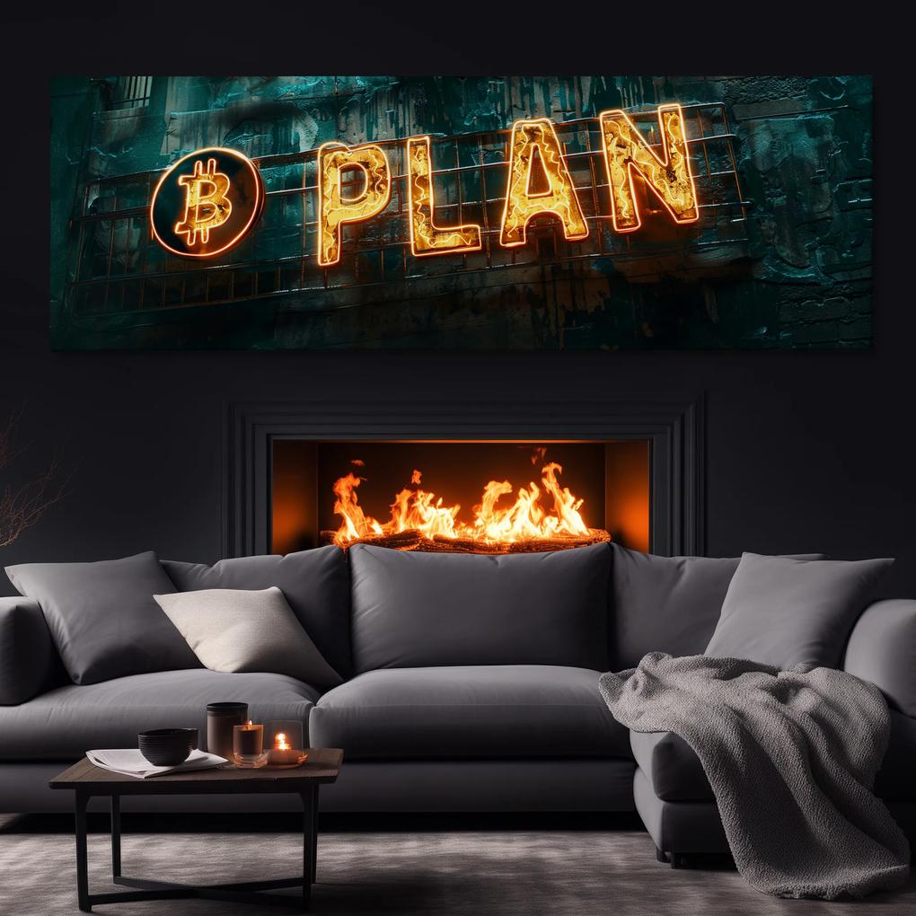Obraz na plátně - Bitcoin B Plan Neon Sign FeelHappy.cz Velikost obrazu: 120 x 40 cm
