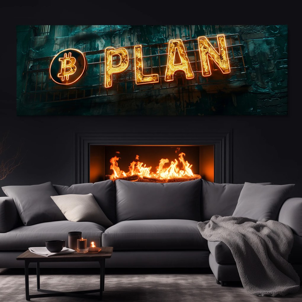 Obraz na plátně - Bitcoin B Plan Neon Sign FeelHappy.cz Velikost obrazu: 150 x 50 cm