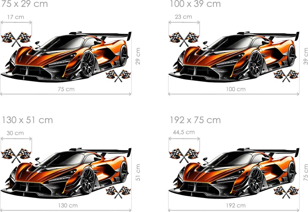Oranžový sporťák textilní přelepitelná samolepka na zeď arch 75 x 29 cm