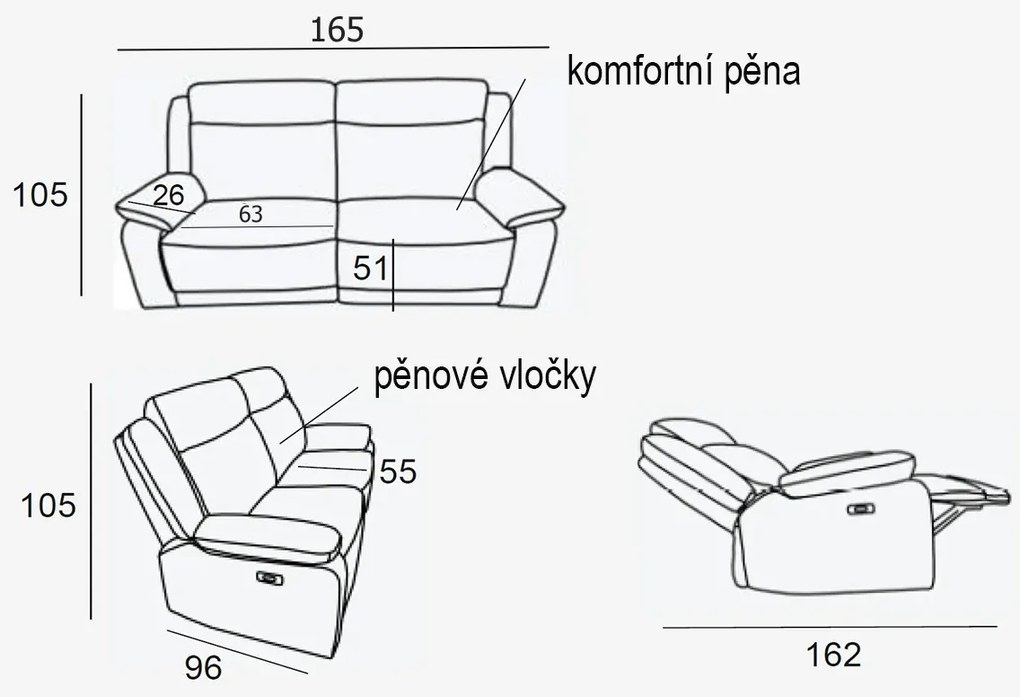 Kožená pohovka CONTINENTAL s elektrickou funkcí relax 2P, elektrické, černá (nero 308)