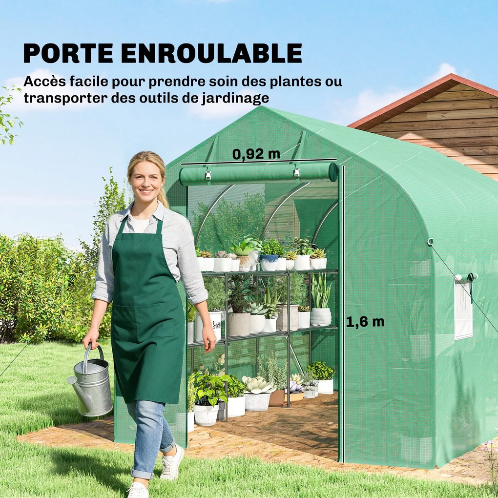 Outsunny tunelový skleník 6 m² s policemi, 198 x 293 x 194 cm — pozinkovaný rám, navíjecí dveře, 6 síťovaných oken, PE potah 140 g/m² — zelený