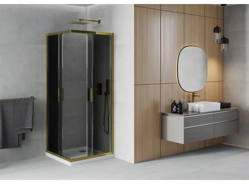 Mexen Rio, čtvercový sprchový kout s posuvnými dveřmi 70 (dveře) x 70 (dveře) x 190 cm, 5mm šedé sklo, zlatý profil + bílá sprchová vanička SLIM, 860-070-070-50-40-4010G