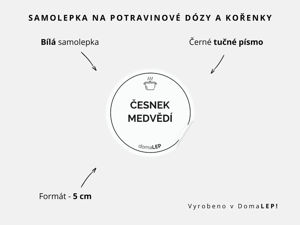 ČESNEK MEDVĚDÍ - omyvatelná samolepka na kořenky, výběr rozměrů Ø 5 cm / 5 x 5 cm / 6 x 8 cm | DomaLEP tvar: KOLEČKO, barva: BÍLÁ - ČERNÉ písmo, velikost: Ø 5 cm - základní písmo