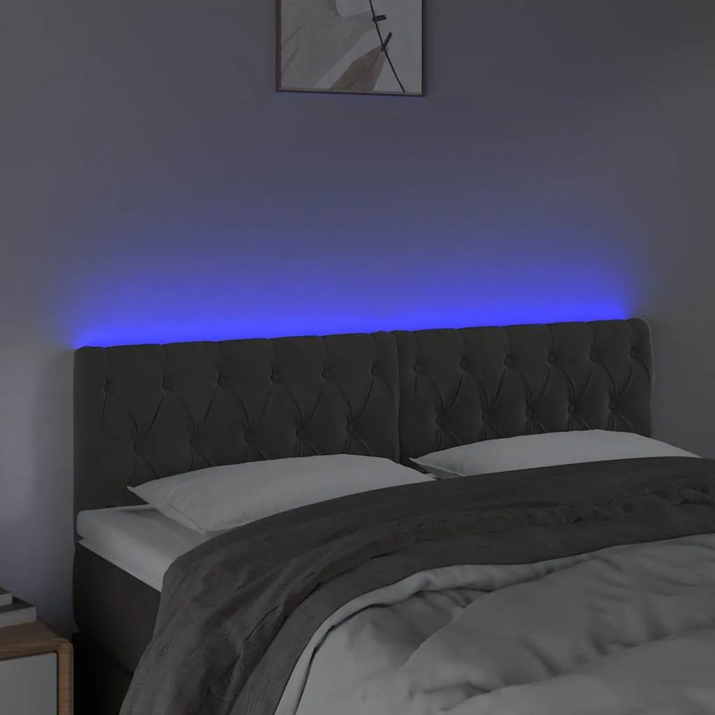 Čelo postele s LED tmavě šedé 144 x 7 x 78/88 cm samet 3121997