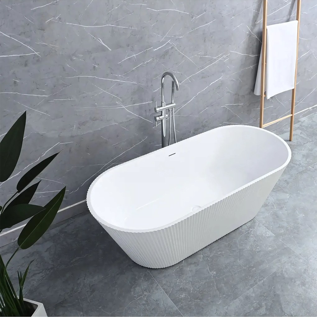 Volně stojící akrylátová vana REA OFELIA 170x74 cm bílý, sifon Click-Clack - kartáčovaná měď
