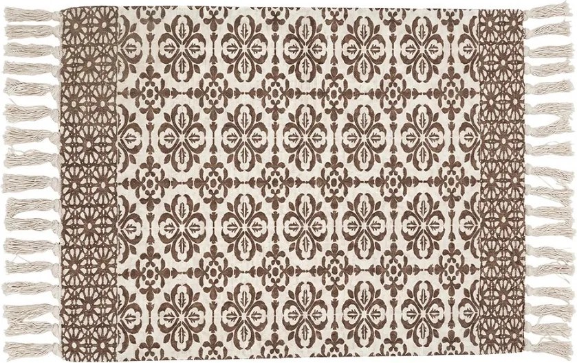 Béžovo-hnědý koberec s květinovým motivem a třásněmi - 60*90 cm
