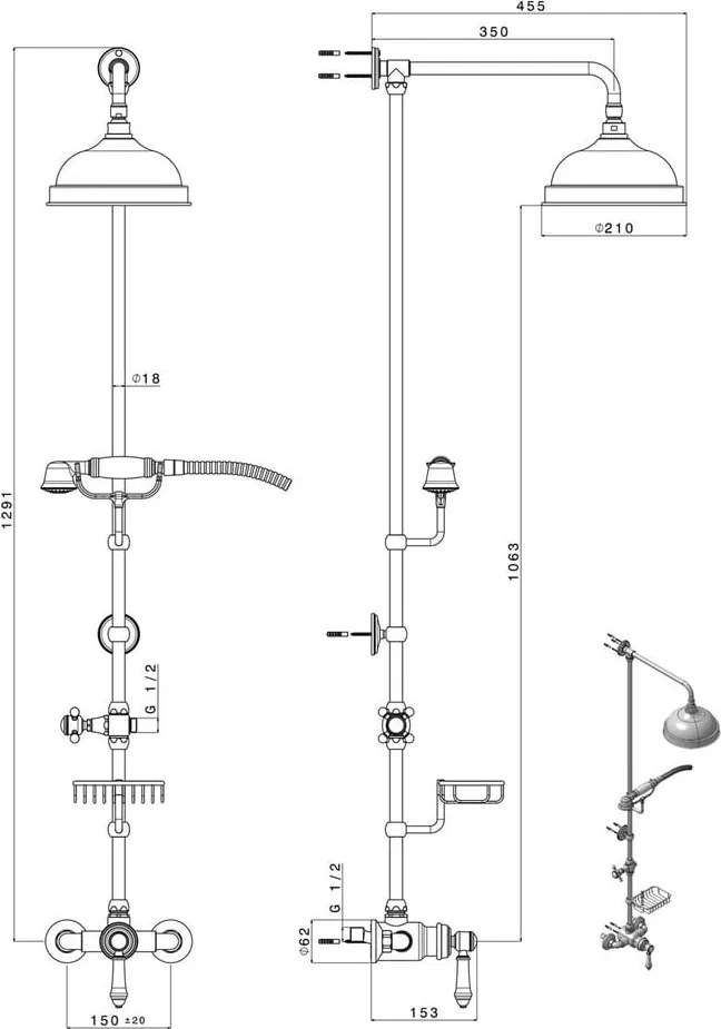 Mosazný sprchový set v bronzové barvě s baterií s hlavovou sprchou a ruční sprchou 129 cm Vienna – Sapho