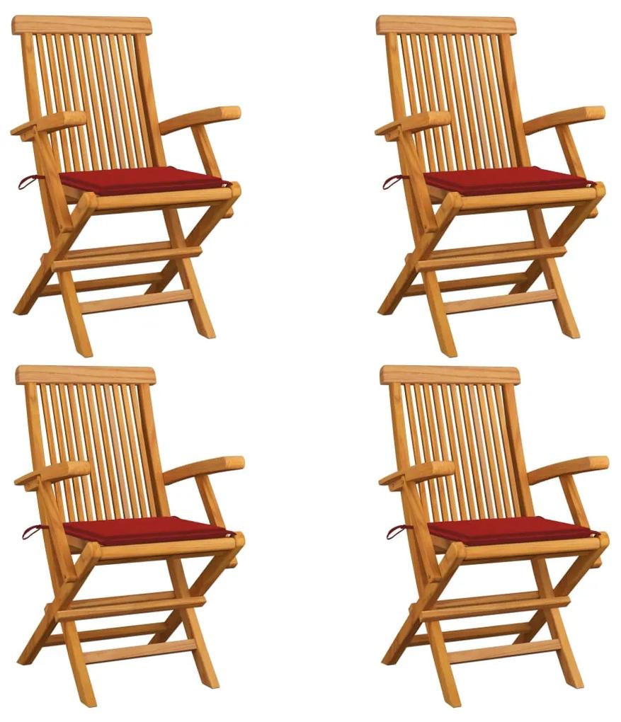 3065623 vidaXL Zahradní židle s červenými poduškami 4 ks masivní teak