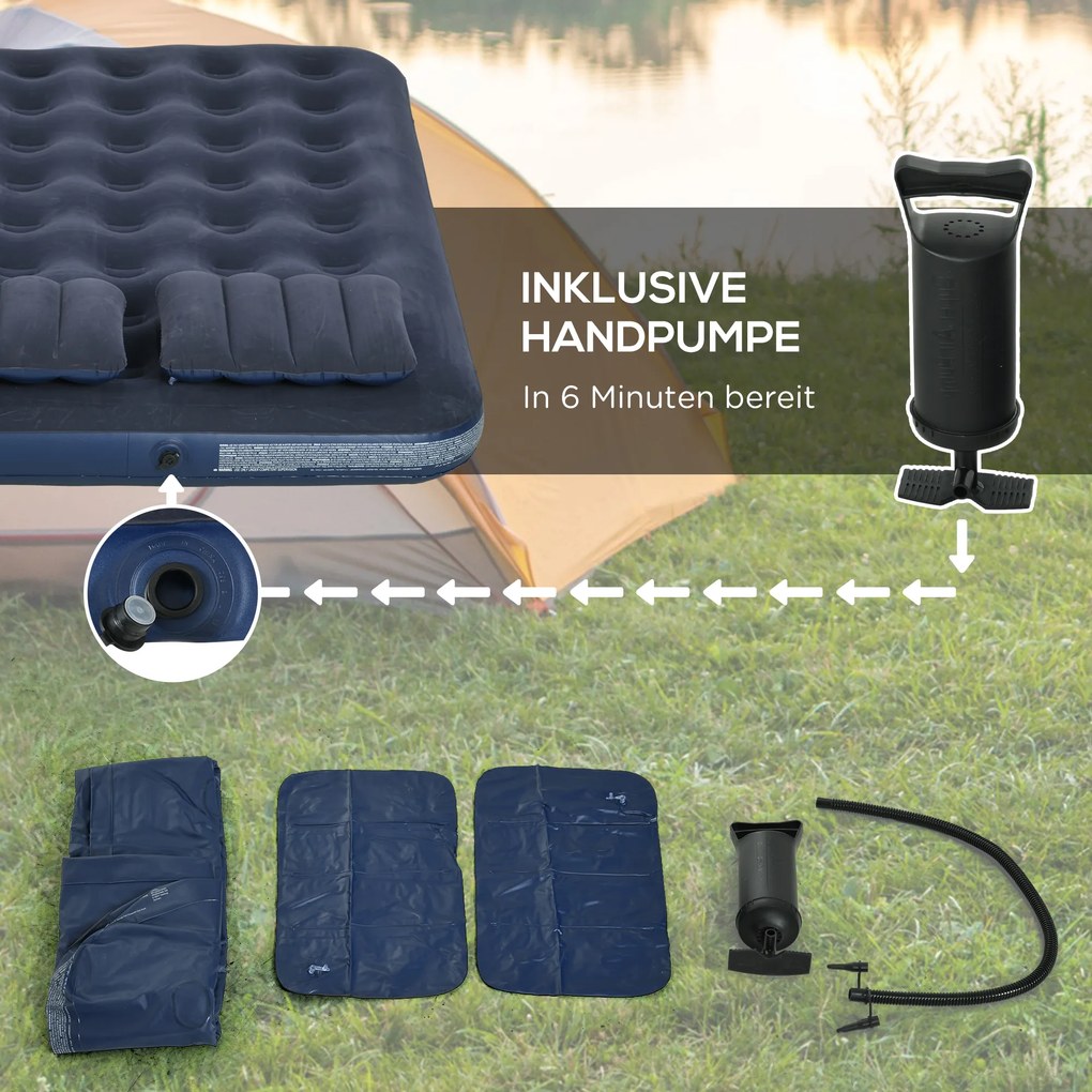 Nafukovací matrace Outsunny Double Air Mattress s ruční pumpou a polštářem, modrá 203x152x22cm pro kempování a hosty