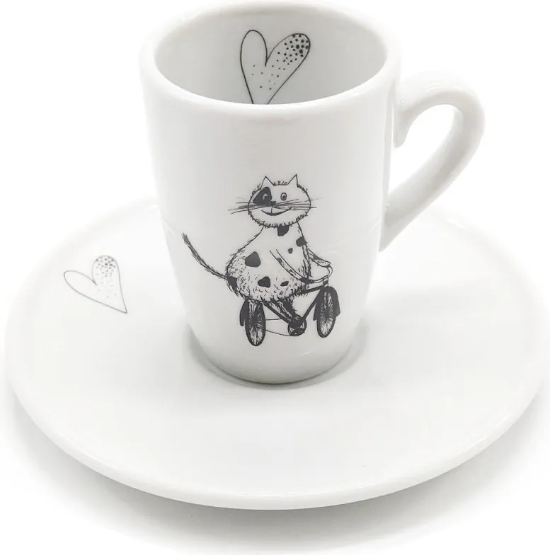 Porcelánový espresso šálek Kočka na kole s podšálkem, 130 ml – černobílý, s autorským designem pro milovníky koček a cyklistiky