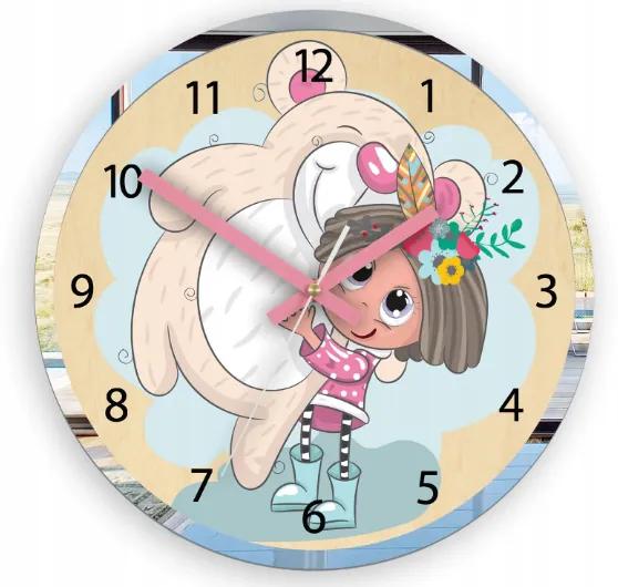 M.Clock Nástěnné hodiny Holčička s medvědem rozměr 30x30cm béžové