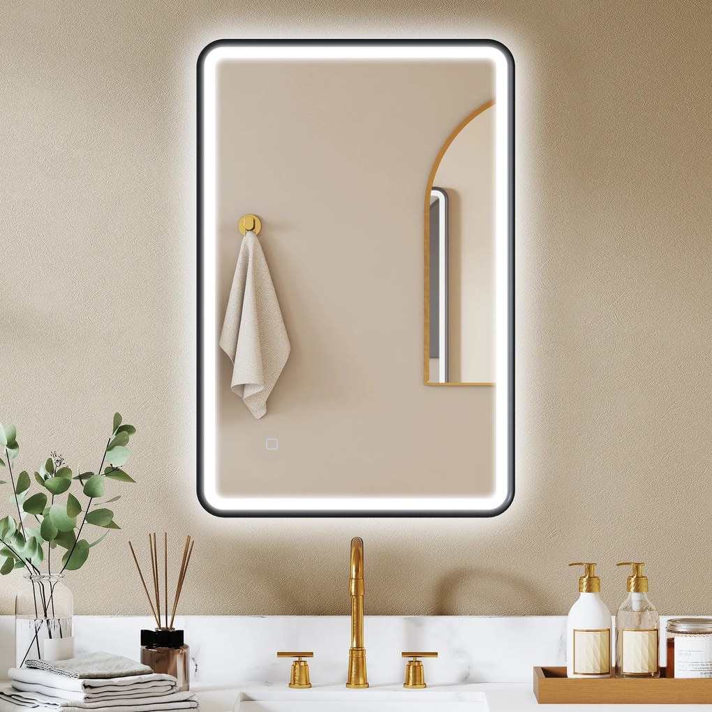 HOMCOM 90 x 60 cm LED koupelnové zrcadlo, světla, 3 barvy, stmívatelné, paměťová funkce, horizontálně a vertikálně, černé