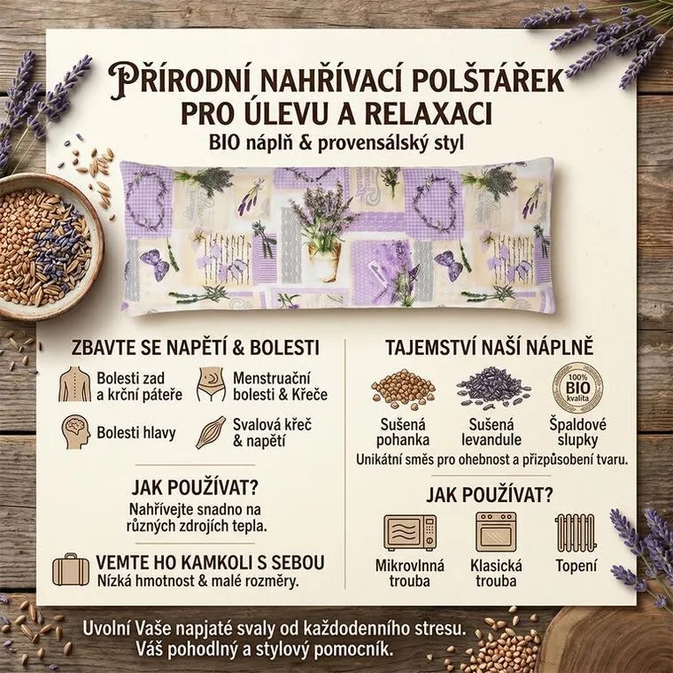 Nahřívací polštářek do mikrovlnky LEVANDULE 50 × 16 cm
