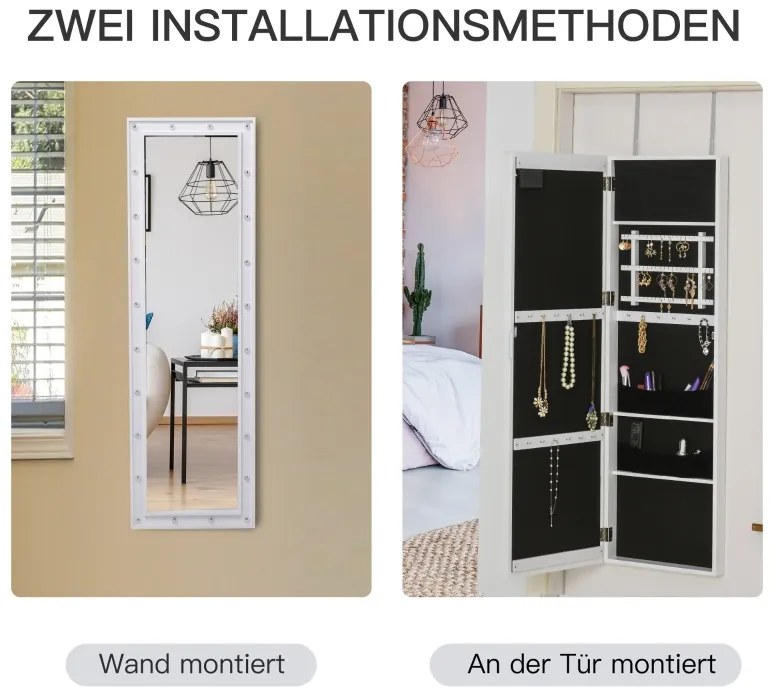 Skříňka na šperky (šperkovnice) se zrcadlem a LED osvětlením, nástěnná / závěsná, bílá, 36,6 x 8 x 120 cm 831-330