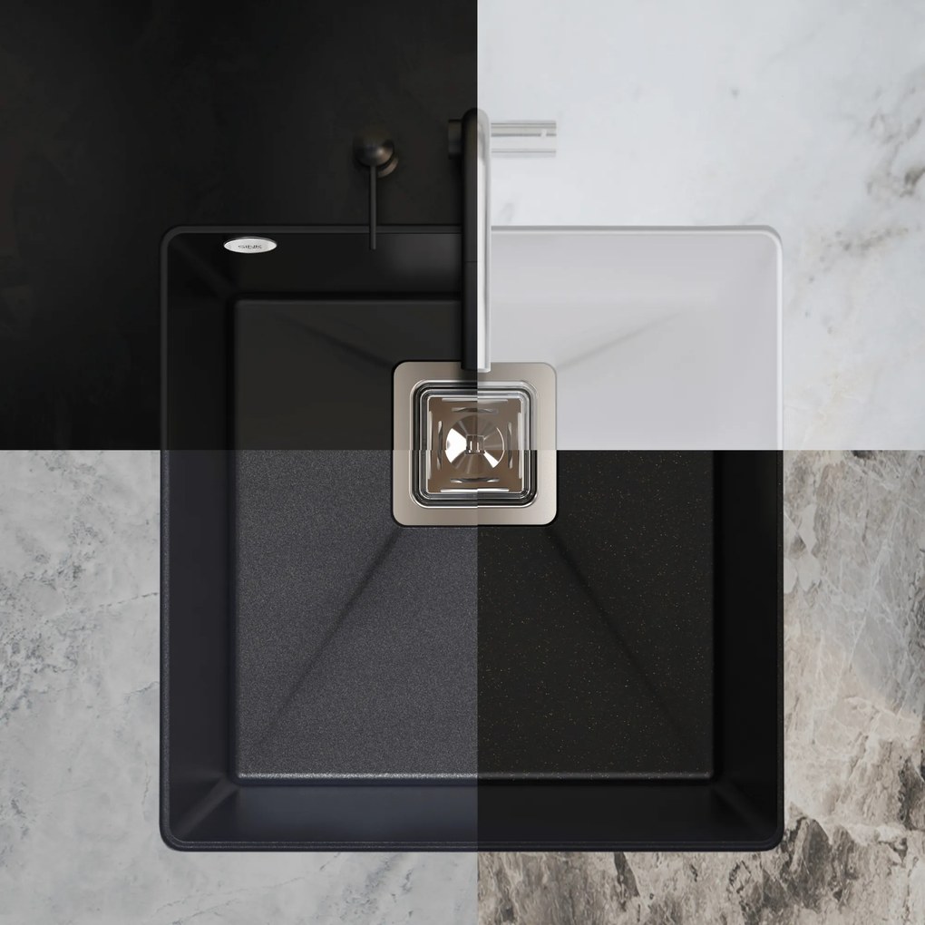 Sink Quality Argon 50, kuchyňský granitový dřez 420x420x225 mm + chromový sifon, bílá, SKQ-ARG.W.1KBO.50.X