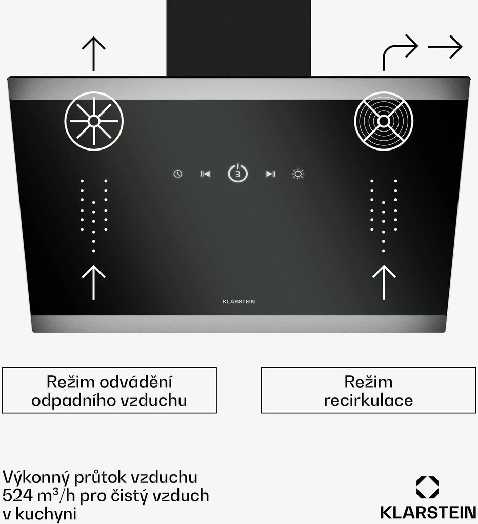 Klarstein FlashLine digestoř, A++, 524 m³/h, 3 úrovně, dotyková, tichá, LED, odsávání/recirkulace, 100 W