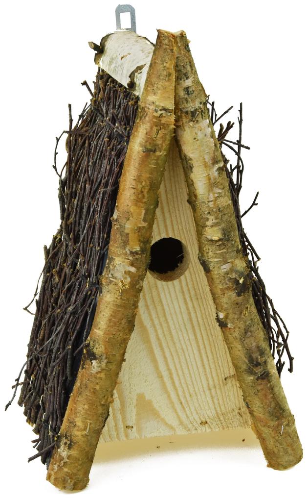 Vingo Dřevěná budka pro ptáky se střechou z březových větviček, 18 x 17 cm