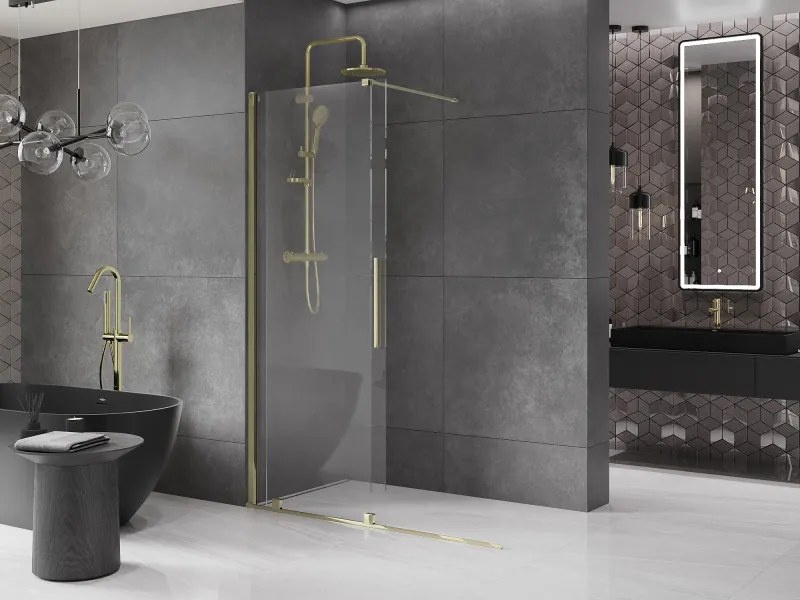 Mexen Velar, posuvné dveře do otvoru typ Walk-In 140 cm, 8mm čiré sklo, zlatá lesklá, 871-140-000-03-50