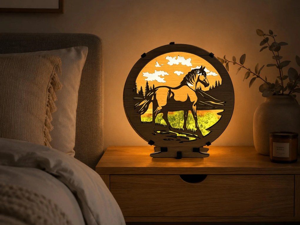 Li-Go "Kůň s mechem" dřevěná lampa s dvojitým podsvícením 20x22 cm dub