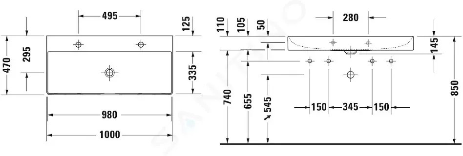 DURAVIT - DuraSquare Dvojumyvadlo 1000x470 mm, se 2 otvory pro baterie, DuraCeram, alpská bílá (2353100043)