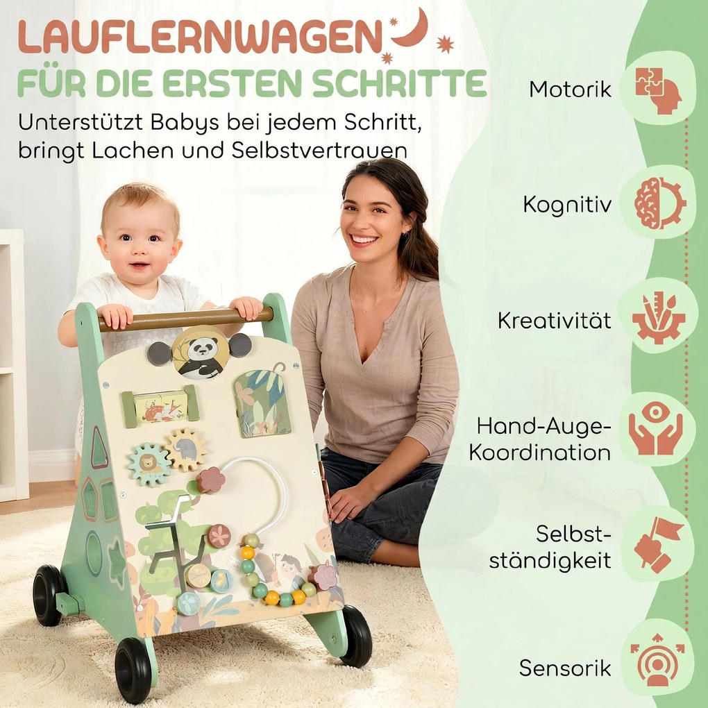 AIYAPLAY Dřevěný chodítko Montessori s regulací rychlosti, xylofonem, ozubenými koly a bludištěm s korálky, zelené