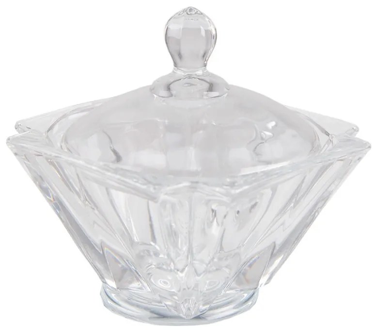 Transparentní hranatá skleněná nádoba na bonbony s víkem s broušeným povrchem – 11x11 cm