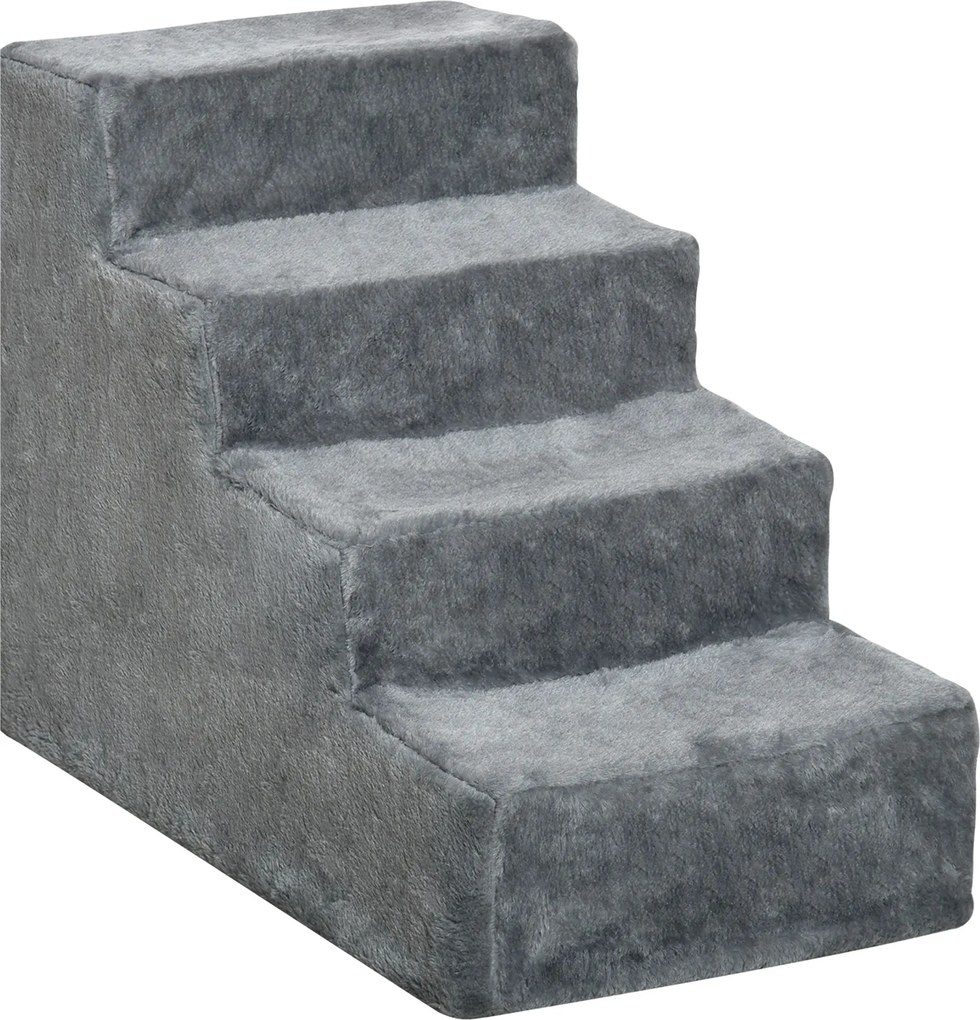 PawHut schody pro psy 4stupňové s odnímatelným krytem, schody pro kočky, dřevotříska, plyš, šedé, 60x35x44cm| Aosom