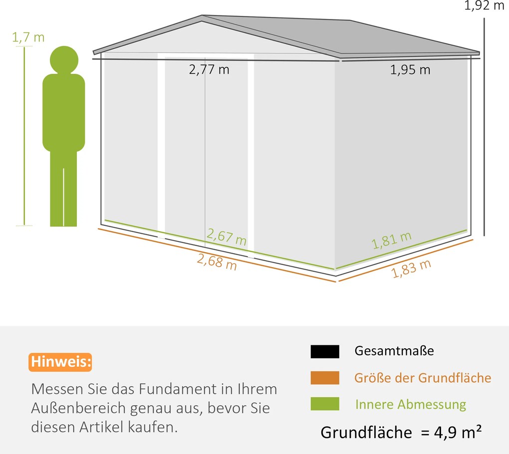 Outsunny kůlna na nářadí 4,9 m², zahradní kůlna s jednoplášťovou střechou, posuvné dveře, základy, 277 x 195 x 192 cm, pozinkovaná ocelová kůlna na n…