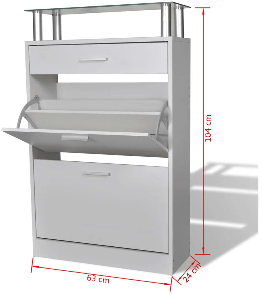 vidaXL Marketos Botník se zásuvkou a horní skleněnou poličkou dřevo bílý