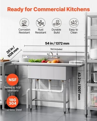 Dřez se 3 přihrádkami, Nerezová ocel 304 o průměru 18 VEVOR – 1372 × 508 × 1097 mm