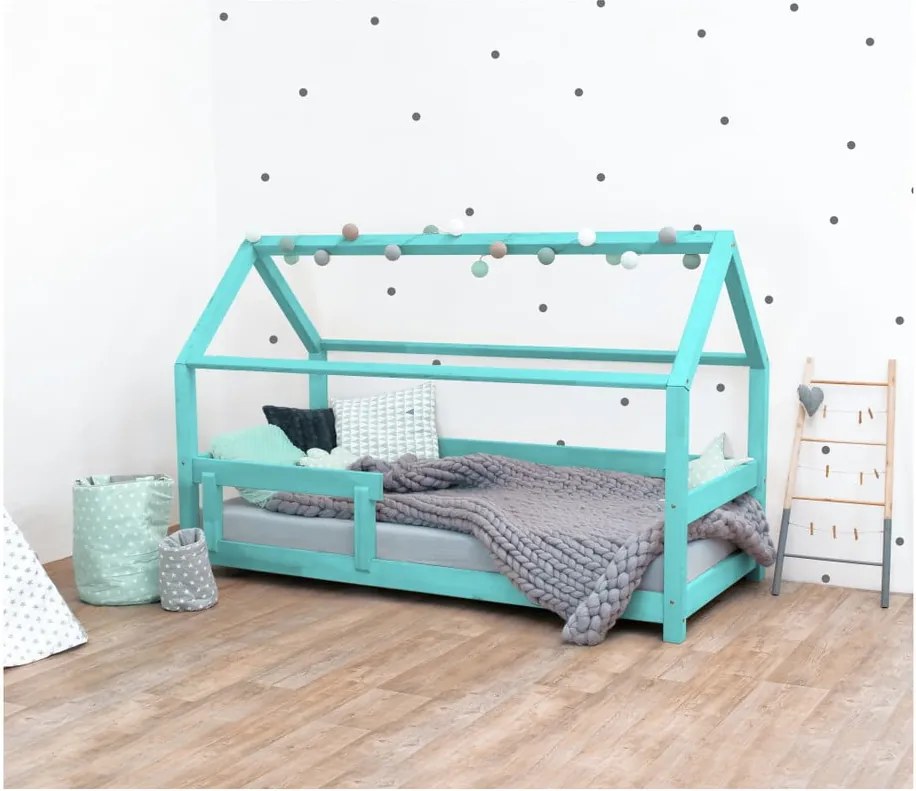 Tyrkysová dětská postel s bočnicí ze smrkového dřeva Benlemi Tery, 80 x 160 cm