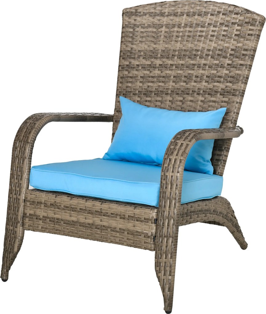 Zahradní křeslo Adirondack Outsunny s područkami a polštáři, ratan a ocel, 64x80x90 cm, Hnědé a Modré | Aosom