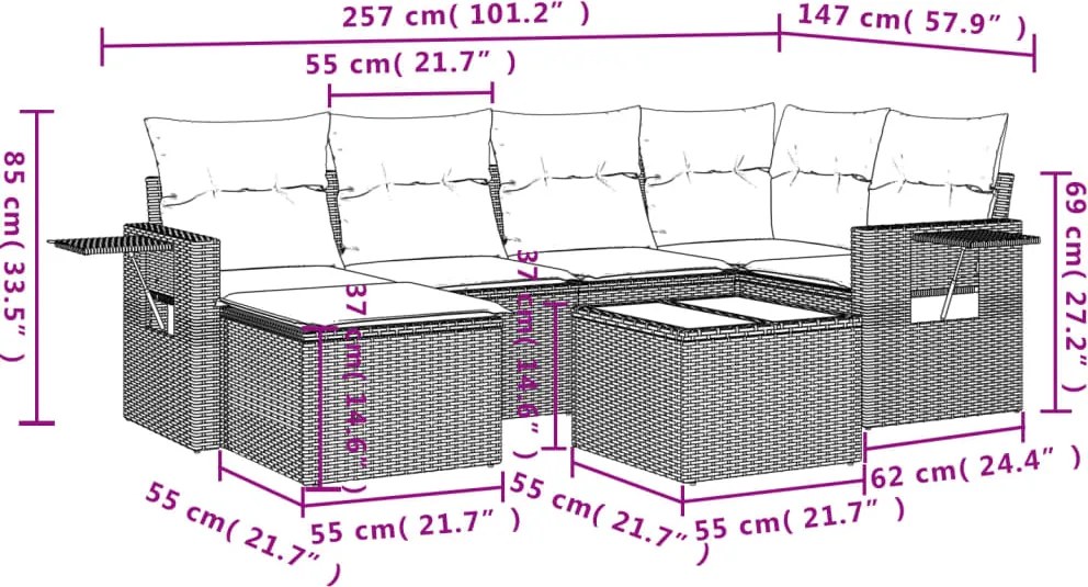7dílná zahradní sedací souprava s poduškami černá polyratan 3252803