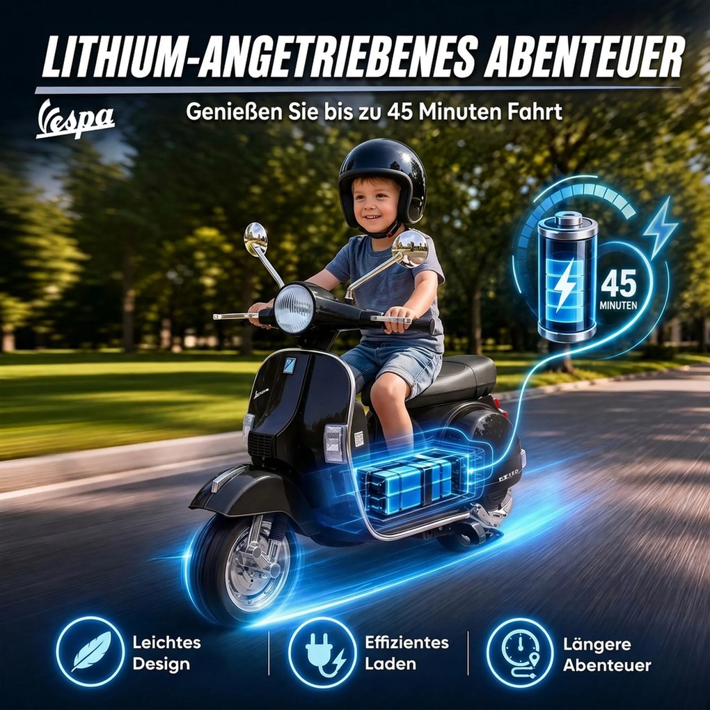 AIYAPLAY dětská elektrická Vespa PX150, Li-ion baterie, černá