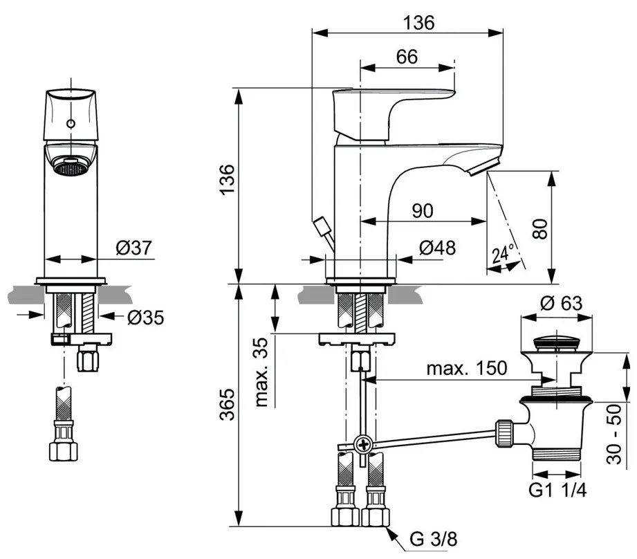 Ideal Standard Connect Air - umyvadlová baterie stojánková Piccolo SLIM, s odt. garniturou (5l / min) A7014AA