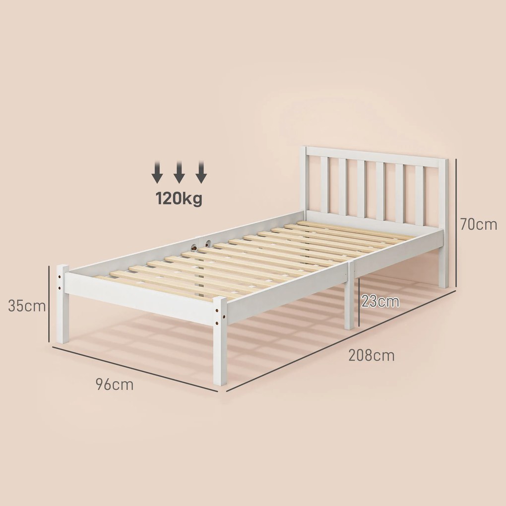Dřevěný rám postele HOMCOM 208 x 96 cm s lamelovým roštem a čelem, elegantní rám jednolůžka do ložnice v bílé barvě