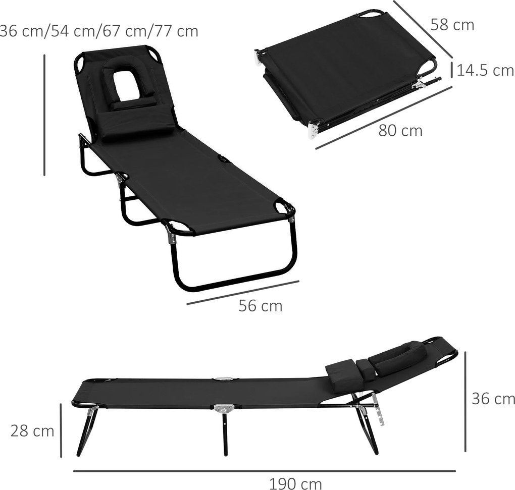 Zahradní lehátko Outsunny Relaxační lehátko s otvorem na obličej a čtecím okénkem, třínohé, černé, ideální pro relaxaci venku | Aosom.de