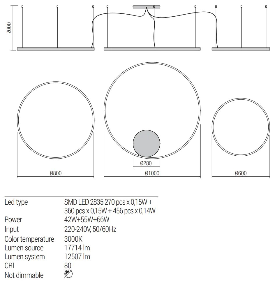 Redo Závěsné LED svítidlo ORBIT ø100/ø80/ø60 cm, 3000K, 3 kruhy Barva: Bílá, Stmívání, řízení: TRIAC