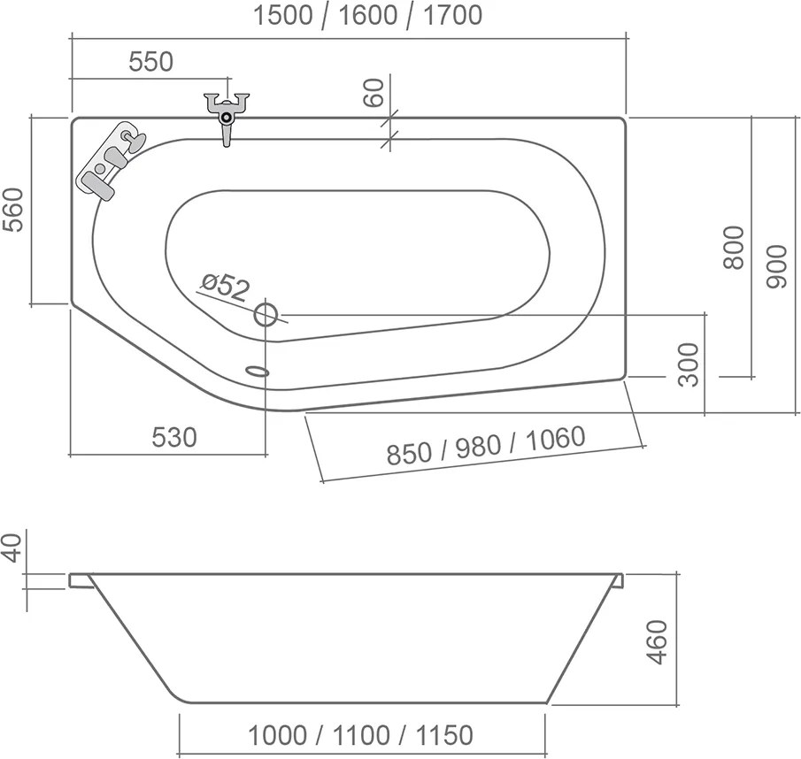 Roth ACTIVA NEO 150 asymetrická rohová vana 150 x 90 cm 9840000 levá akrylátová