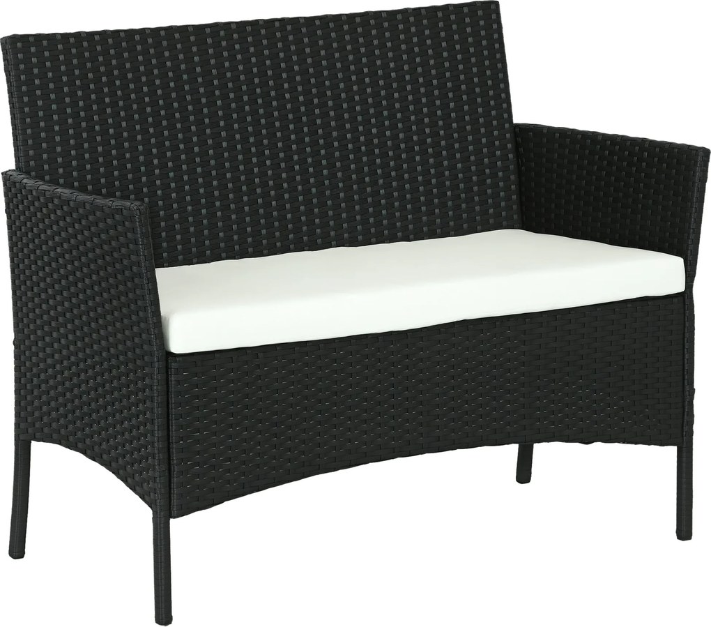 Outsunny PE Ratan a Ocelový Zahradní Sofas, 2-Místný s Polštářem a Opěrkami, 100x54x80cm, Černý | Aosom