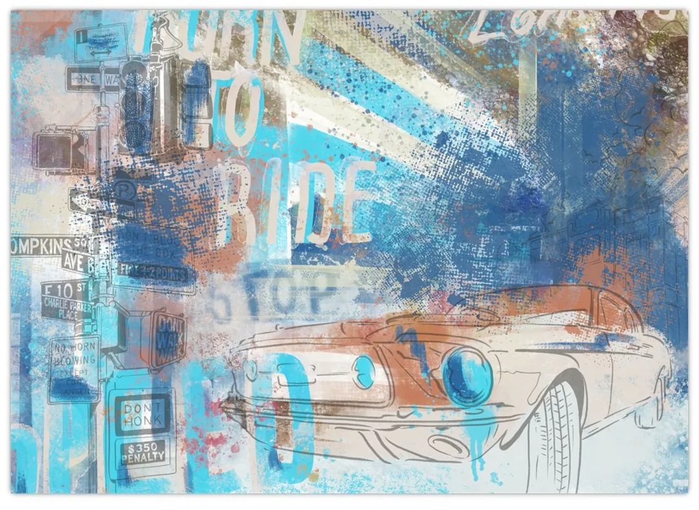 Skleněný obraz - Zrozen k jízdě, modré tóny (70x50 cm)