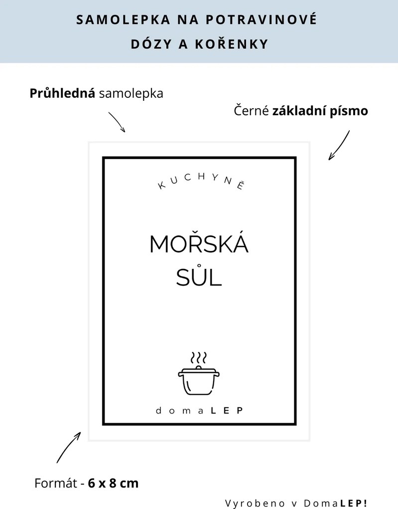 MOŘSKÁ SŮL – průhledná samolepka na dózu, základní písmo, 6 x 8 cm | DomaLEP
