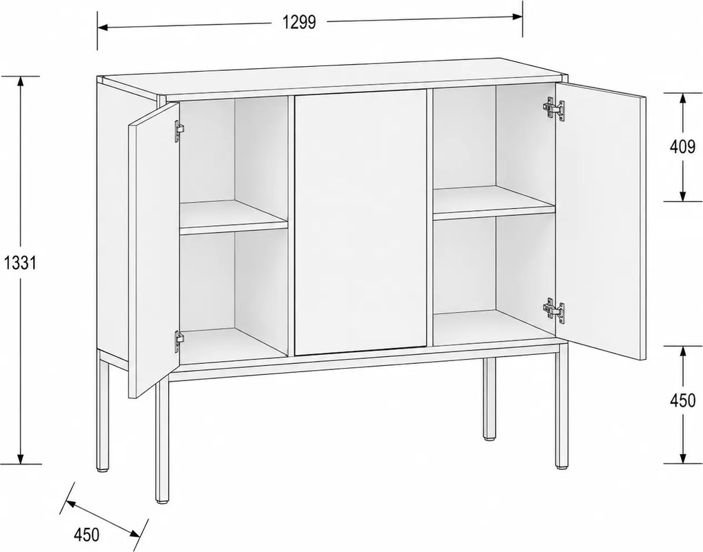 Kancelářská skříň FRAME, nízká, černá podnož, 3x dveře, 1299 x 450 x 1331 mm, PUSH-lock, bříza