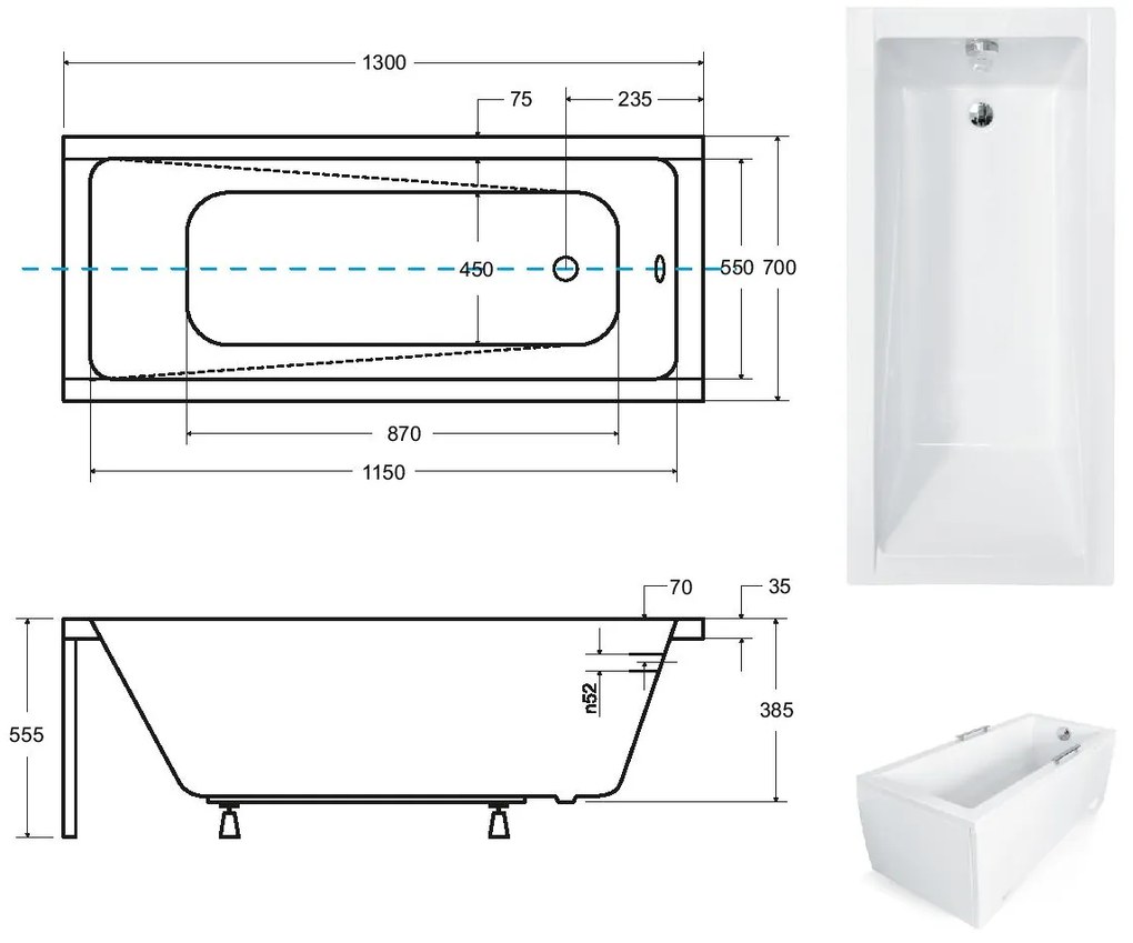 Besco Modern akrylátová vana Délka vany: 130cm