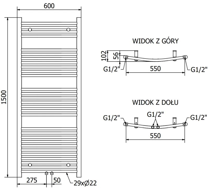 Mexen Ares koupelnový radiátor 1500 x 600 mm, 733 W, Černá - W102-1500-600-00-70