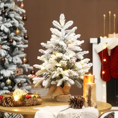 HOMCOM Mini vánoční stromek 60 cm s 35 LED světly, efekt sněhu, mini stolní stromek s šiškami, umělý vánoční stromek pro vánoční dekoraci, bílý
