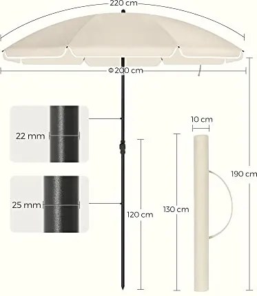 200 cm slunečník, UPF 50+ ochrana, sklopný, bez základny, béžový