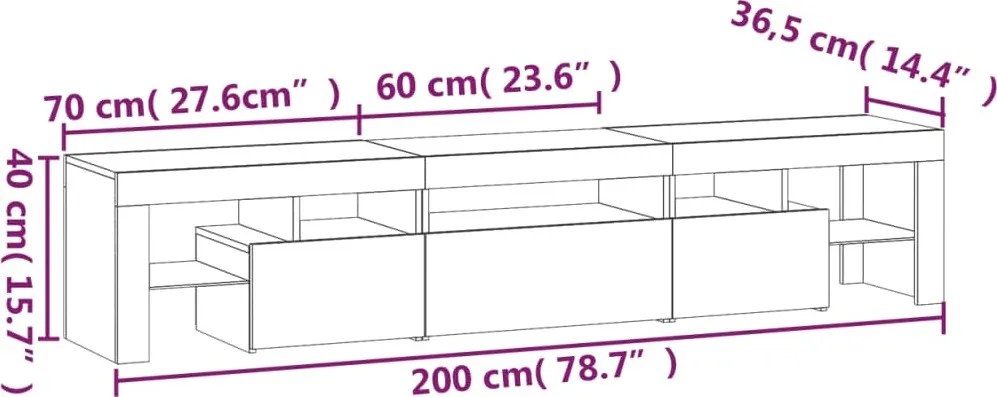 vidaXL TV skříňka s LED osvětlením 200x36,5x40 cm [3152810] Barva: Betonová šedá