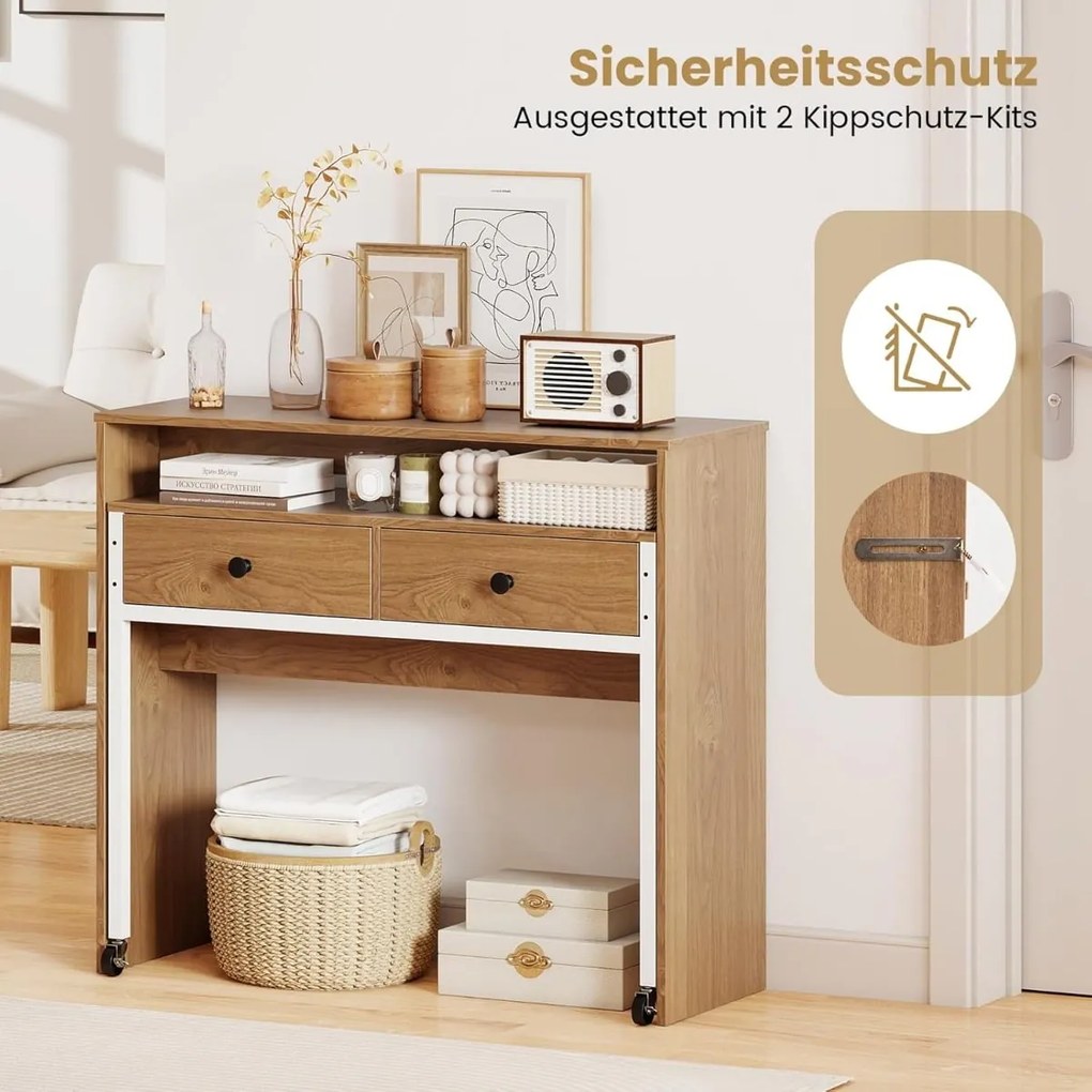 Costway Rozkládací stůl malý s 2 zásuvkami a kolečky – 100 × 63 × 88 cm